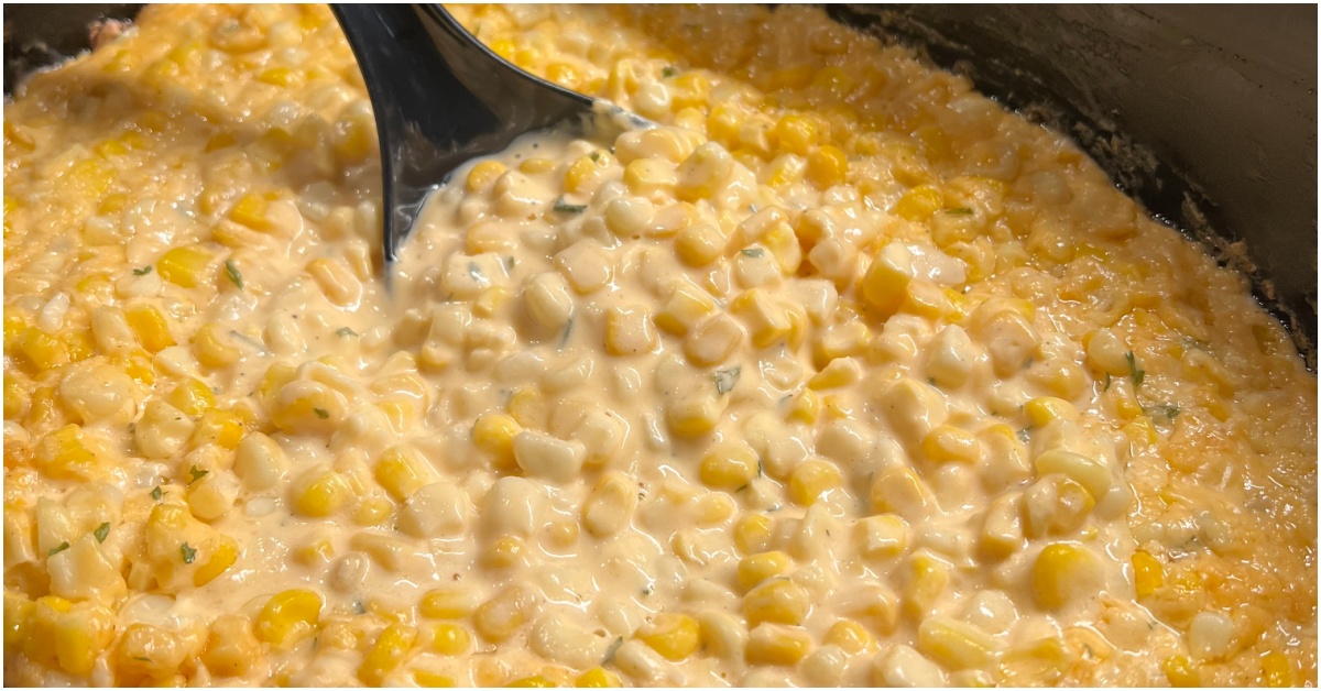 Slow Cooker Cheesy Cheddar Creamed Corn - Sweet Little Bluebird