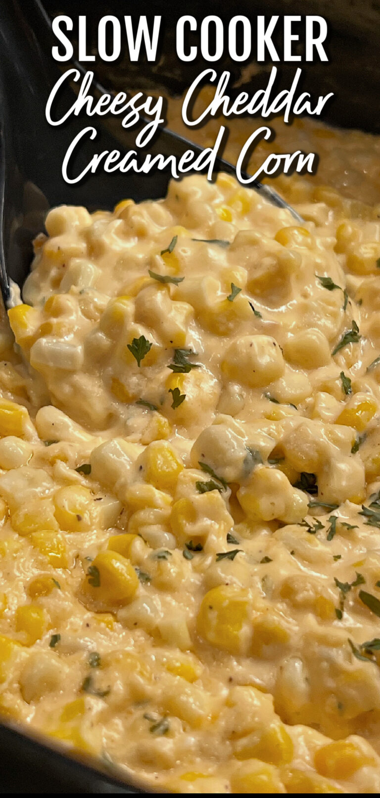 Slow Cooker Cheesy Cheddar Creamed Corn - Sweet Little Bluebird