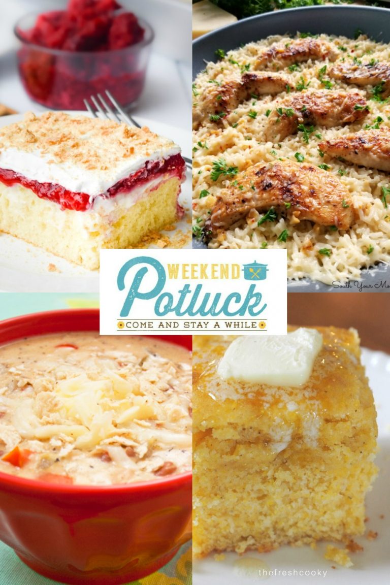 Berry Cheesecake Poke Cake - Weekend Potluck 415 - Sweet Little Bluebird