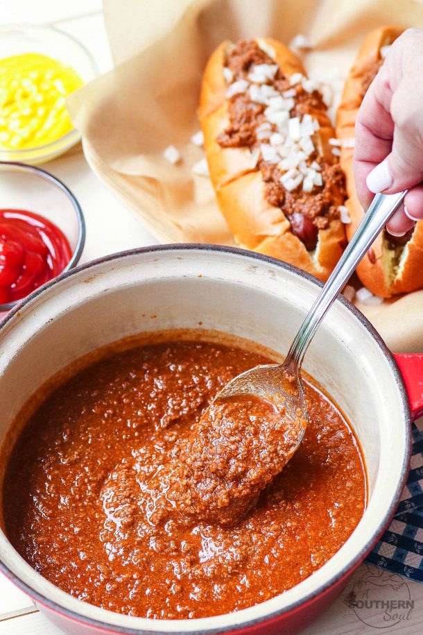 Home Run Hot Dog Chili - Weekend Potluck 388 - Sweet Little Bluebird